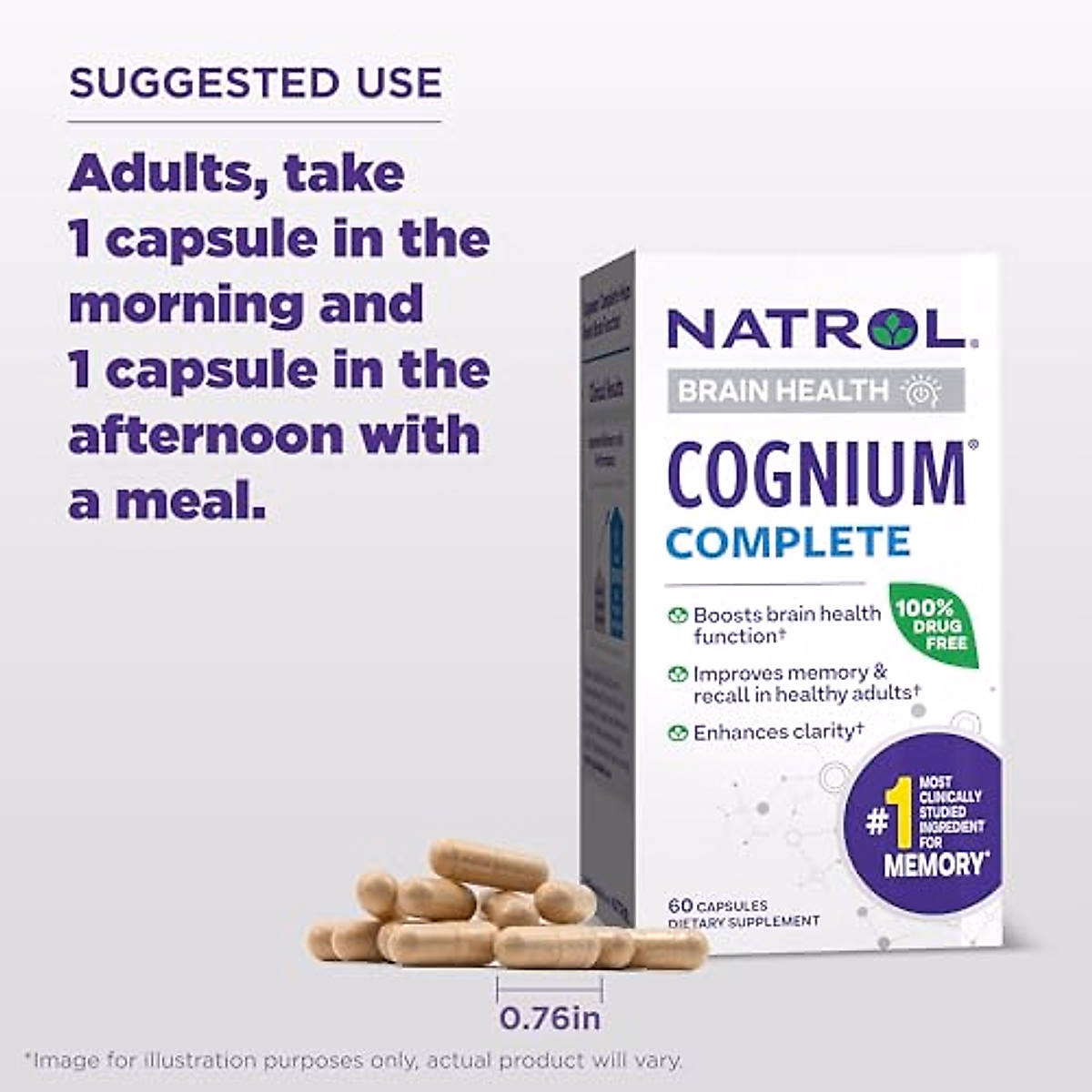 Natrol Cognium Complete, Dietary Supplement for Brain Health, Brain Health Supplements for Adults, 60 Capsules, 30 Day Supply