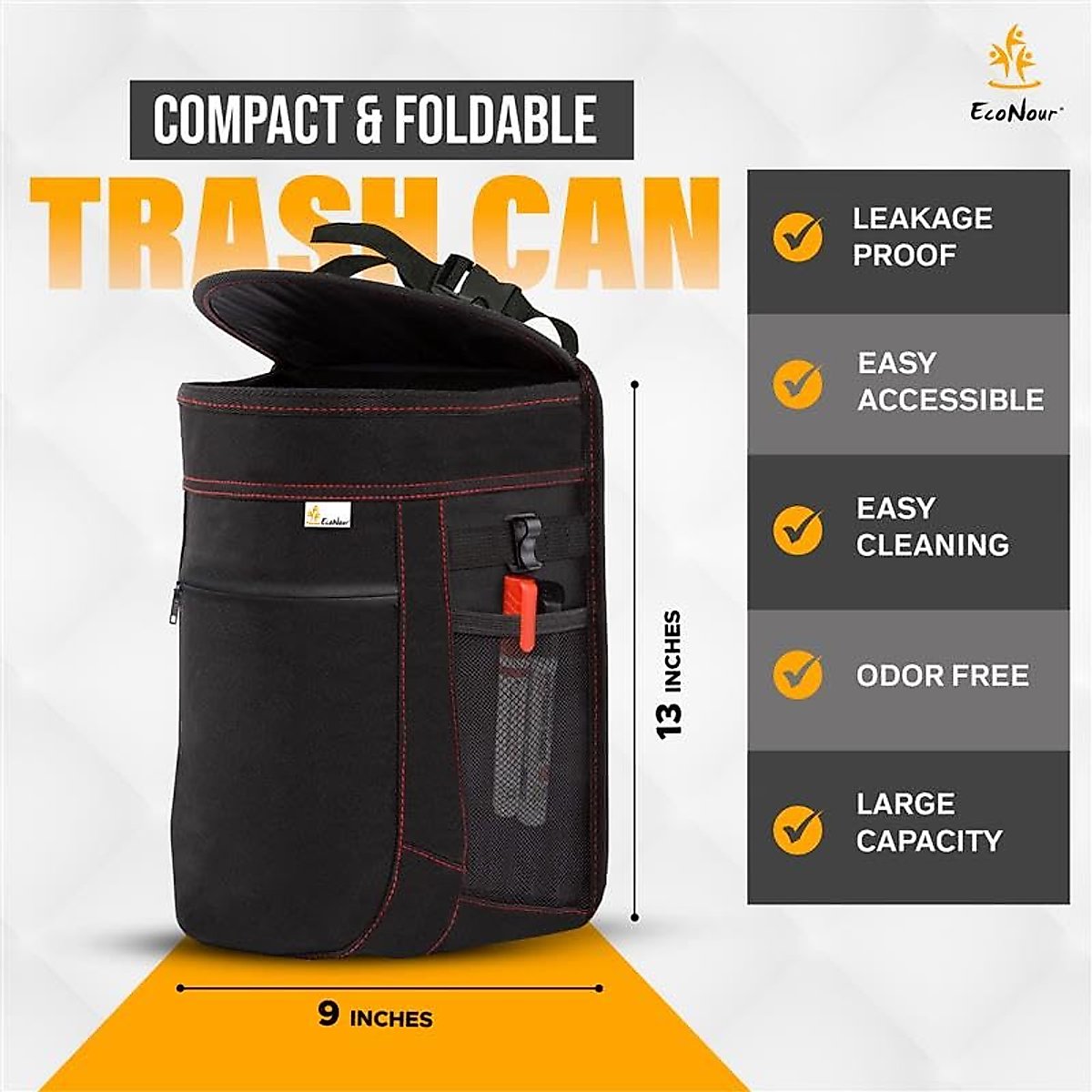 EcoNour Car Trash Can with Lid & Storage Pockets | Waterproof Garbage Can | Hanging Trash Bin with Removable Inner Bag | Trash Can for SUVs, Trucks & More | Black