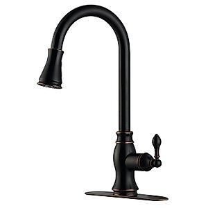 Derengge Oil Rubber Bronze Kitchen Sink Faucet,Single Handle Pull-Down Kitchen Faucet,with Deck Plate for Farmhouse, Camper, Laundry, Rv, Bar, 1 Hole or 3 Hole Installation,FK-C258D-ORB-TUD