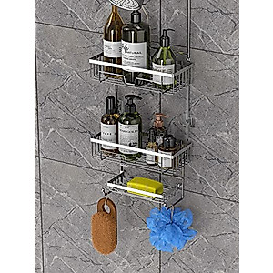 Elbourn Shower Caddy Over Shower Head, Bathroom Hanging Shower Organizer with Hooks, SUS201 Stainless Steel Shower Storage Rack 3 Shelves for Shampoo, Soap and Razor - Silver