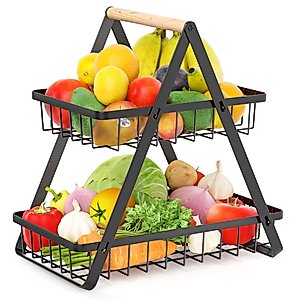 Foensc 2 Tier Fruit Basket, Upgraded Fruit Bowl, Detachable Metal Fruit Holder Vegetable Basket for Kitchen Counter, Large Capacity Fruit Storage Stand Organizer for Produce Bread Snack, Black