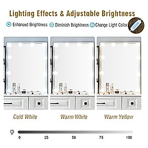 Buildonely Hollywood Vanity Table with Dimmable Switch, Dressing Table Set with Lighted Mirror and Cushioned Chair. Large Storage Capacity White Vanity Set 3 Color Setting for Makeup