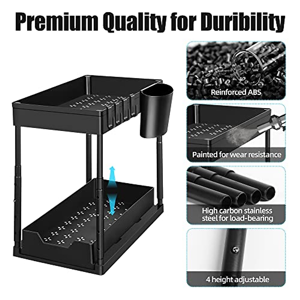 Eufrozy 2 Pack 2-Tier Under the Sink Organizer Bathroom, Sliding Under Cabinet Basket Organizer Adjustable Height Under Sink Storage for Kitchen Shelf Multi-Purpose Rack Drawer with 8 Hook 2 Cup