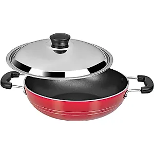 Non-Stick Coating Kadai / Fry Pan with Steel Lid 2.6 mm(Red) ,Valentine Day Gifts