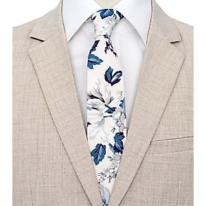 BELLUNO Floral Skinny Tie for Men, Slim Flower Tie for Wedding, Activities, Gift Box-Beige Blue