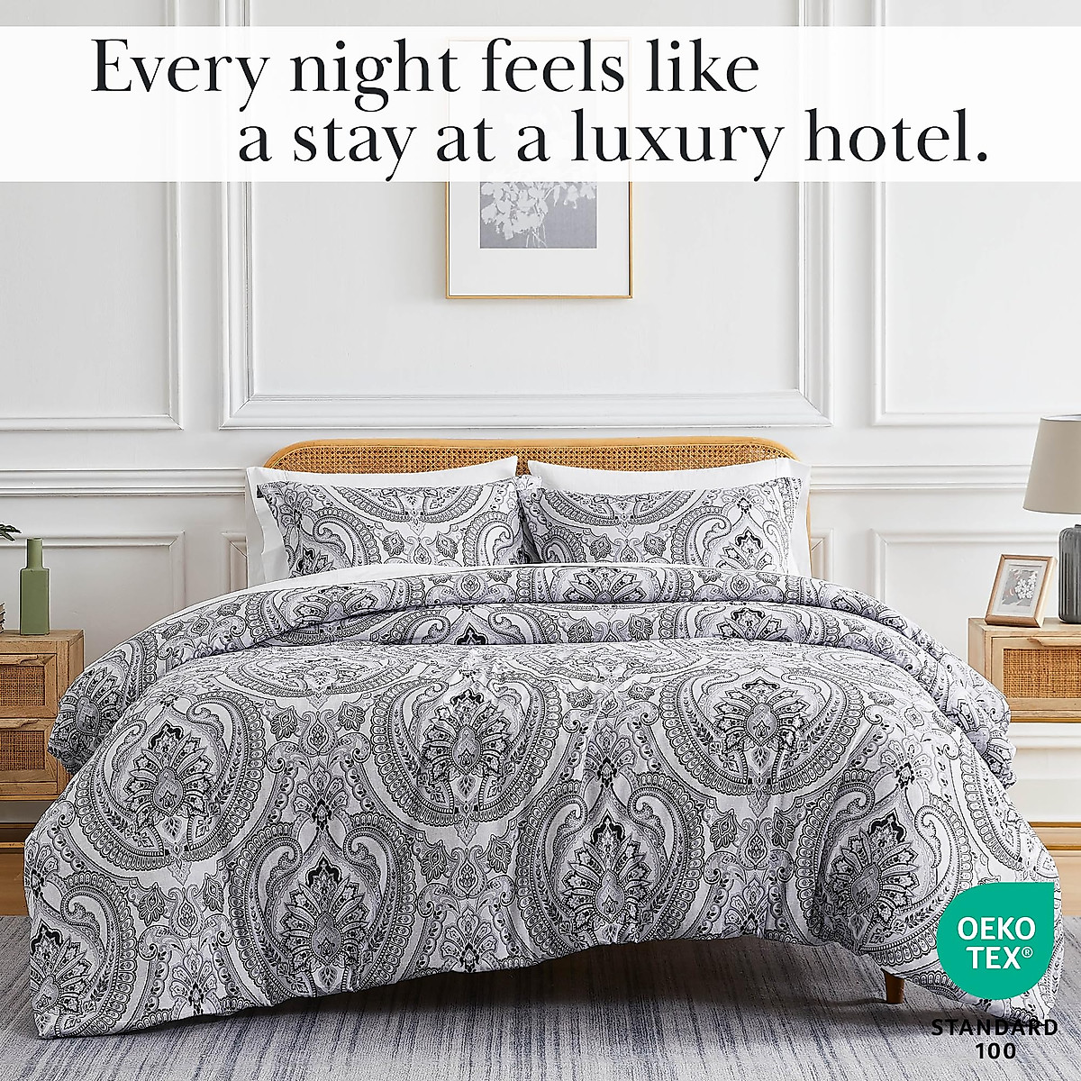 Southshore Fine Living, Inc. Twin Extra Long Comforter Set, Down Alternative Boho Bedding Set, Paisley Print Bedspread, Boho Comforter Twin/XL Size with Matching Pillow Sham, Pure Melody Black