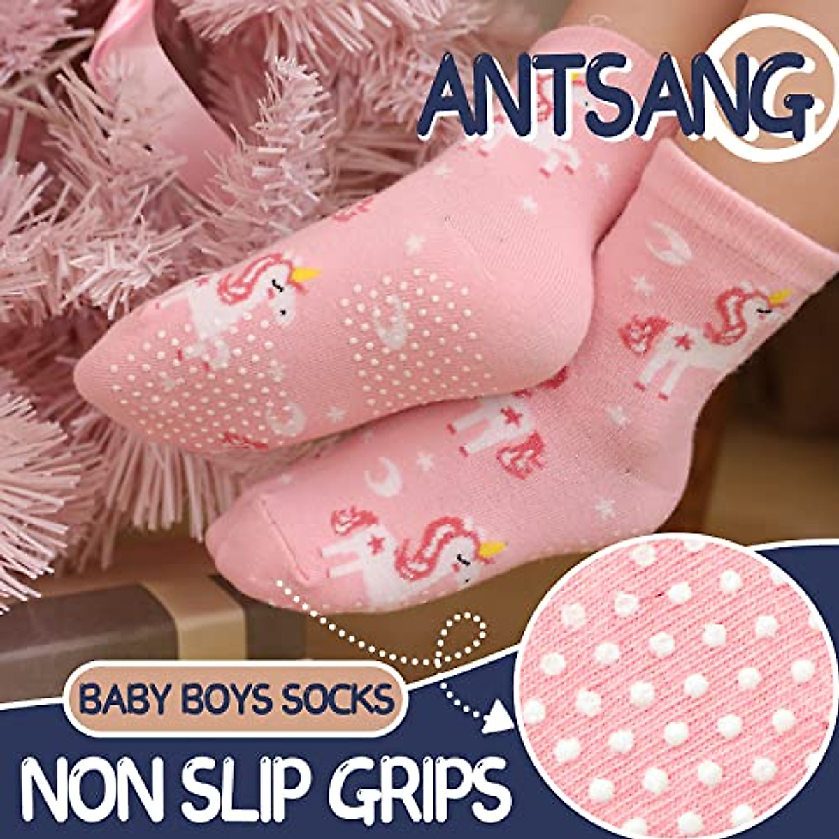 Baby Girls Toddlers Grips Socks Kids Non Slip/Anti Skid Unicorn Striped Crew Cotton Socks 12 Pairs Gift Stocking Stuffers (Girl's-Unicorn Pink(12 Pairs),3-5 Y)