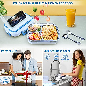 Electric Lunch Box 60W Portable Food Warmer Heater 3-in-1 1.5L Faster Heated Lunch Boxes 12V 24V 110V for Car Truck Home Heating Microwave 304 Stainless Steel Container with Fork Spoon & Carry Bag