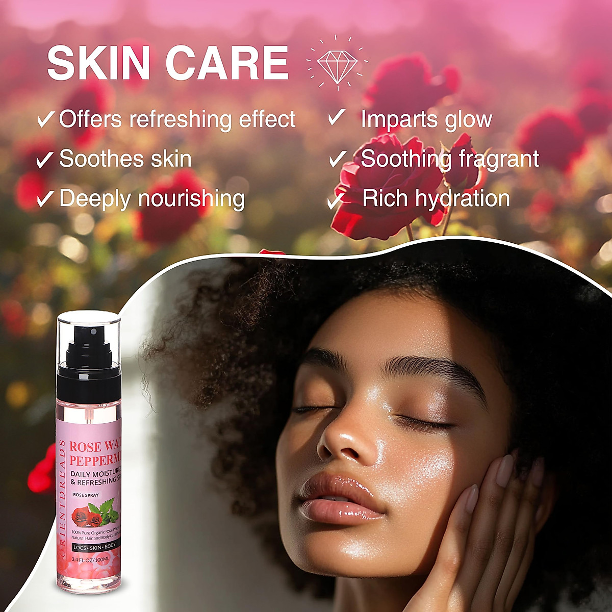 Orientdreads Moisturizing Rose Water and Peppermint Hair Scalp Refresher with Castor Oil for Locs and Dreadlocks - Natural Loc Care and Maintenance (3.4oz)