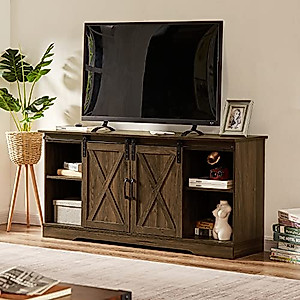 Okvnbjk Farmhouse TV Stand for 65+ Inch TV, Wood Entertainment Center with Sliding Barn Door, with Storage Cabinet & Adjustable Shelves, Media TV Console for Living Room Bedroom, Dark Walnut
