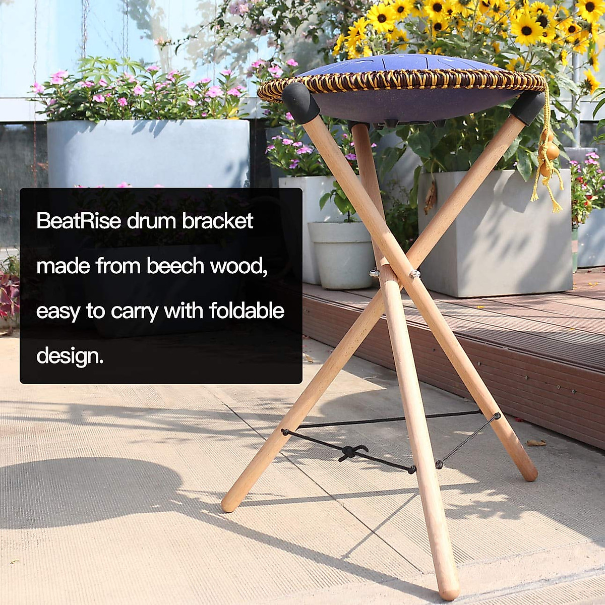 BeatRise Steel Tongue Drum Bracket, Steel Drum Handpan Stand, Solid Beech Wood Tripod Structure Tank Drum Holder, Ideal for 12 to 22 Inch Percussion Instrument (Medium)