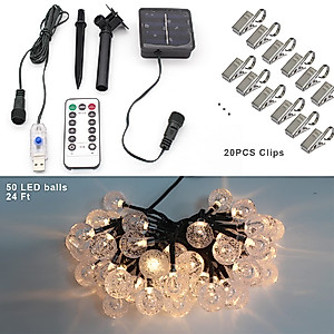 Benelet Solar Outdoor String Lights or USB Powered,Waterproof LED Globe Crystal Balls Decorative Lighting for Garden Home Party Wedding Christmas Decoration,50 LED,20 Free Curtain Clips (Warm White)
