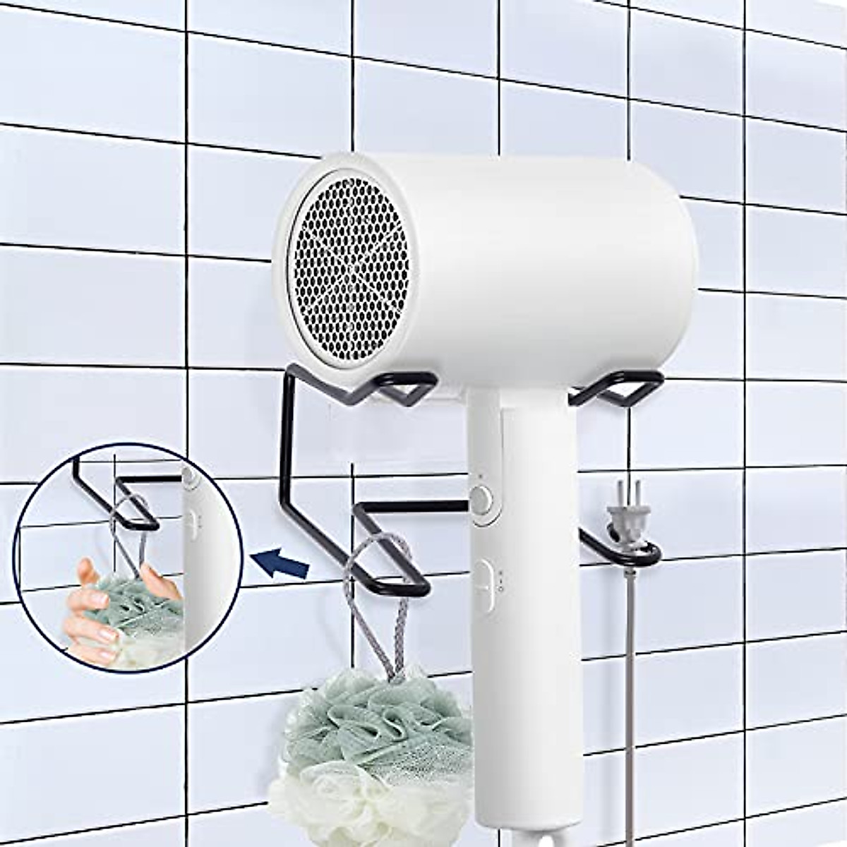 Gkwonker Hair Dryer Holder, Self Adhesive Wall Mounted Stainless Steel Hair Dryer Hanger for Bathroom & Bedroom (Black)