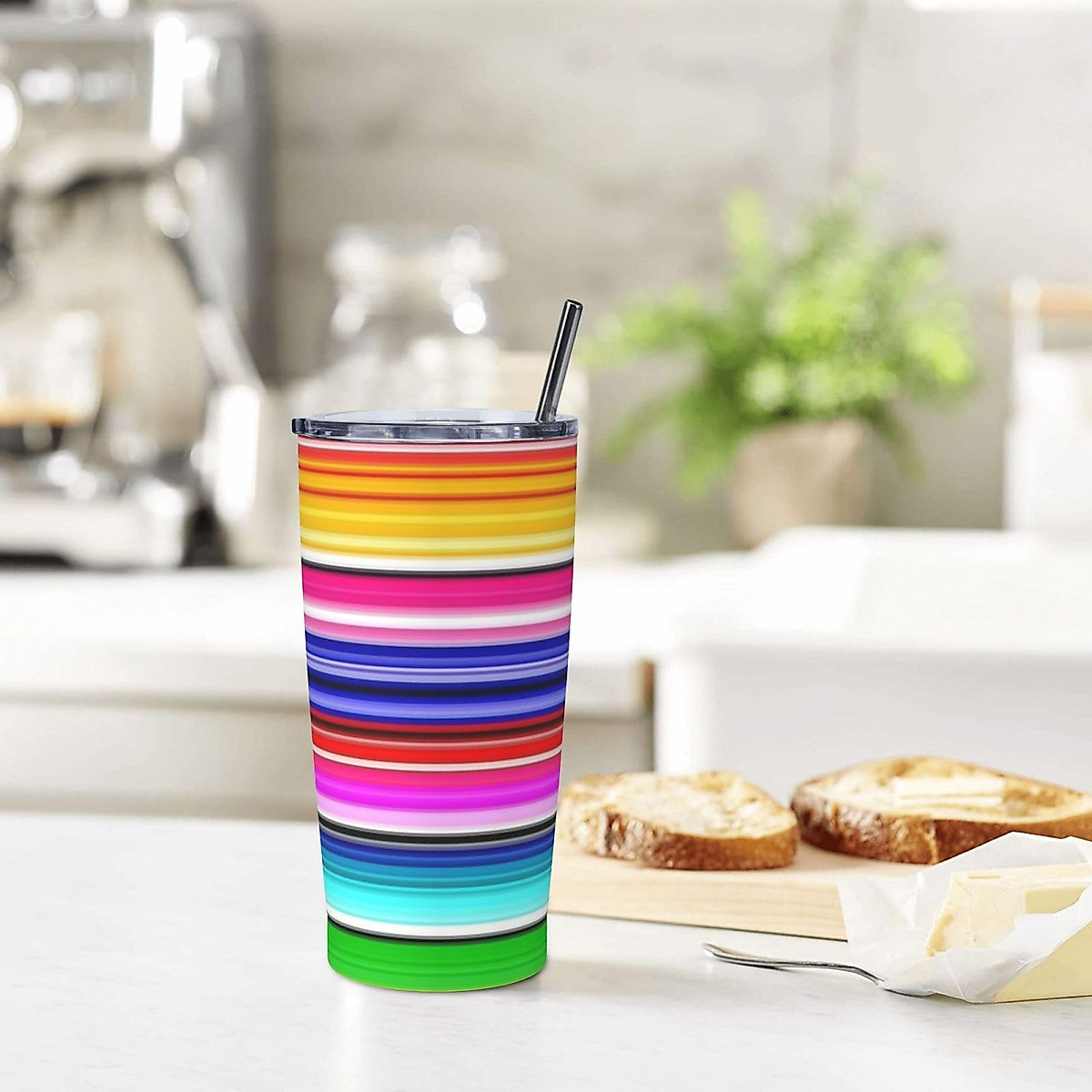 EVANEM 20 Oz Stainless Steel Tumbler With Straw Cleaner Colorful Mexican Stripes Printed Insulated Cup Travel Coffee Mug Vacuum Insulated Tumblers For Home Office