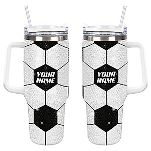 Personalized Football Soccer Glitter Rhinestone Tumbler | Custom Name Diamond Bling Cup 40Oz With Straw | Christmas Gift For Soccer Enthusiasts