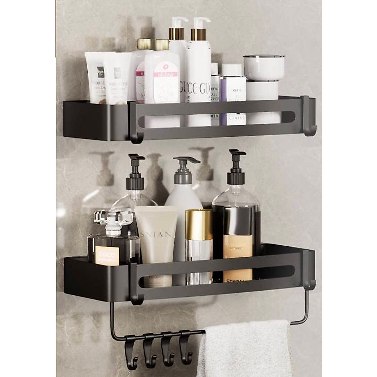 Shower Caddy - No-Drill Aluminum Bathroom & Home Decor Shelf, Wall Mounted Dual Corner Shelf with Hooks - Rustproof Stainless Steel In Matte Black Finish - Adhesive Bathroom Shower Caddy.