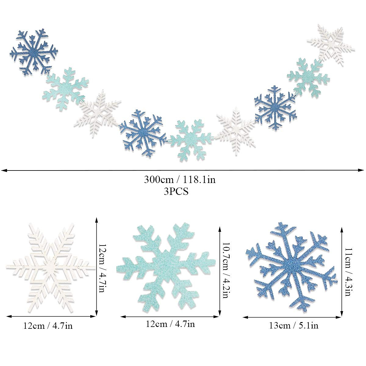 3 Pack Glitter Snowflake Banner Winter Snowflake Garland for Christmas Holiday Themed Party Decor Santa Festive Party Decor Winter Mantle New Year Party Home Decorations, White & Blue & Light Blue