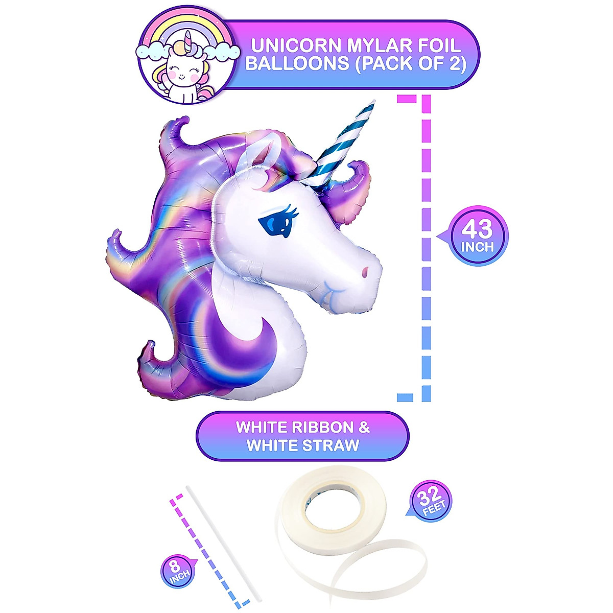 KatchOn, Huge Purple Unicorn Balloons - 43 Inch, Unicorn Head Balloon | Unicorn Mylar Balloons for Unicorn Party Decorations | Purple Unicorn Birthday Decorations for Girls | Unicorn Party Supplies