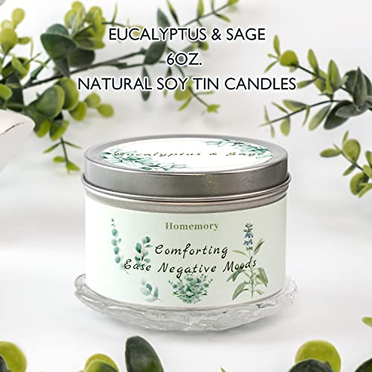 Homemory Eucalyptus & Sage Scented Candles, Candles for Home Scented, Stress Relief Candles for Cleansing Negative Energy, Natural Soy Candles, Aromatherapy Candles Eucalyptus, Soy Tin Candle 6oz 