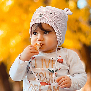 SOMALER Baby Knitted Winter Hats Infant Newborn Toddler Autumn Cute Earflap Cotton Lined Beanie Hat for Boys Girls Off-White