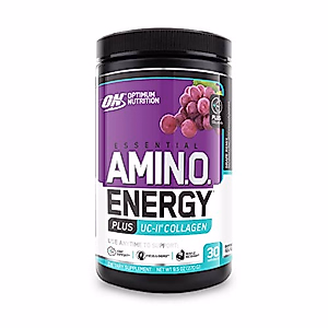 Optimum Nutrition Amino Energy + Collagen Powder - Pre Workout, Post Workout Muscle Recovery Energy Powder with Amino Acids, Vitamin C for Immune Support - Grape Remix, 30 Servings
