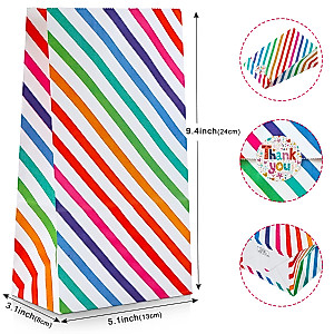 Vammy 24 Pieces Rainbow Party Favor Paper Bags, Food Safe Kraft Paper Gift Bags Sweet Candy Goodie Treat Bags with 24 Stickers for Birthday Party Wedding Christmas, 5.1 x 3.1 x 9.4 Inch