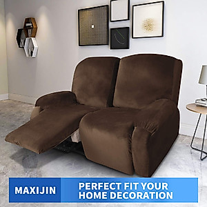 MAXIJIN Recliner Loveseat Slipcover, 6 Pieces Stretch Velvet Reclining Sofa Cover, 2 Seater Love Seat Recliner Couch Cover, Thick, Soft, Washable Furniture Cover (Loveseat Recliner, Dark Coffee)