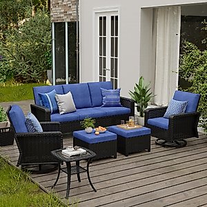 EcoTide 6-Piece Patio Furniture Set with Outdoor Swivel Rocker Chairs,PE Rattan 3-Seat Sofa Couch,Ottomans and Side Table Wicker Sectional Conversation Sets for Garden, Deck,Backyard Blue Cushions