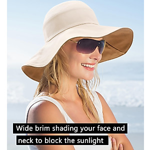 ASSQI Women's Sun Hats Summer Beach foldable Cotton Cap Wide Brim Chin Cord Beige