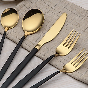 Berglander 20 Piece Titanium Black And Golden Plated Stainless Steel Flatware Set, Black Handle With Golden Mouth Silverware Set Black And Golden Cutlery Set Service for 4 (Shiny Black,Shiny Golden)