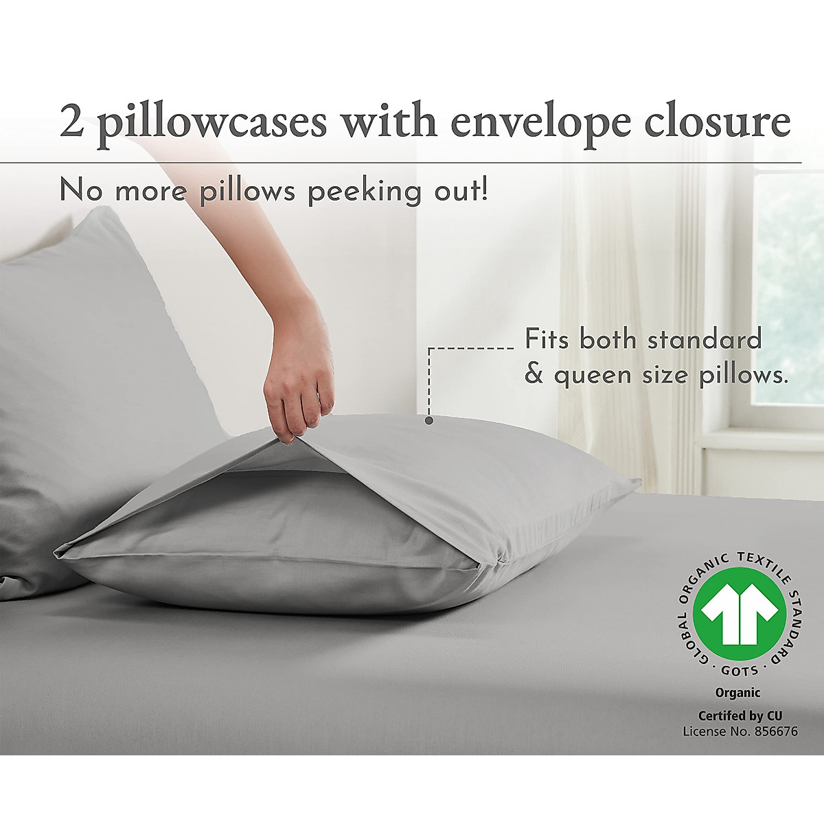 California Design Den 100% Organic Cotton Pillow Cases Standard Size/Queen Size Set of 2, Authentic GOTS Certified, Soft & Cooling, Percale Weave Cotton Pillowcases (Light Grey)
