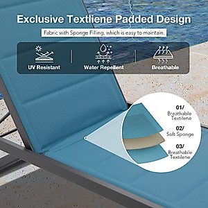 Patiorama Outdoor Patio Chaise Lounge Chair Set of 3, Dark Grey Aluminum Textilene Padded Adjustable Recliner w/Wheels, Side Table, Pool Lounger All Weather for Beach, Yard, Balcony (Turquoise Blue)