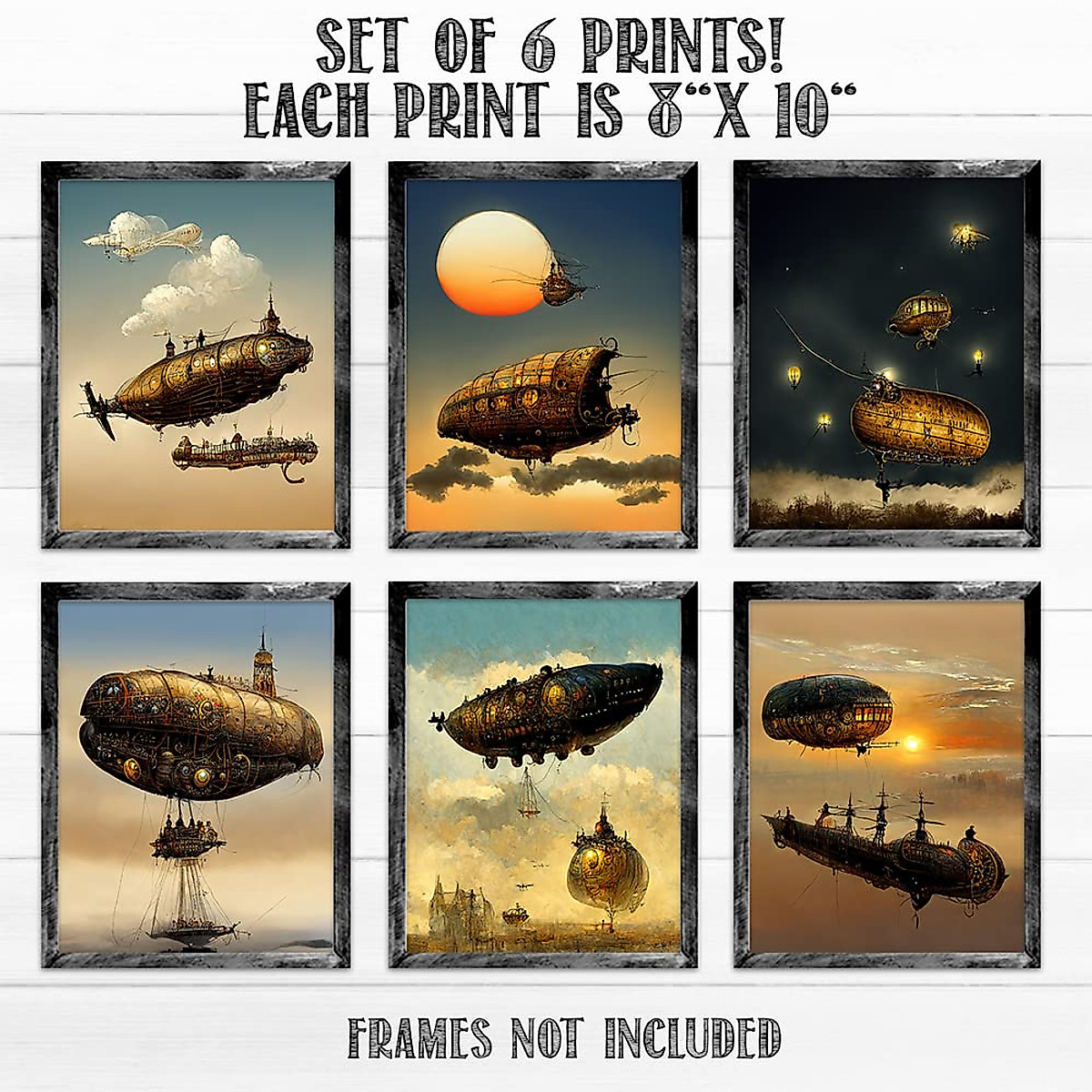 Steampunk Airships Art Prints - Set of Six Gallery Wall Photos (8x10) Unframed Print Poster - Science Fiction Home Decor and Gift For Aviation, Sailing, and Navigation Buffs
