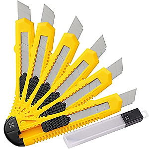 Katzco Retractable Utility Knife Set - 5 Pack - 6 Inch - Heavy Duty Carbon Steel - for Cardboard, Rope, Carpet, Linoleum, Plastic, Leather, Wallpaper, and More