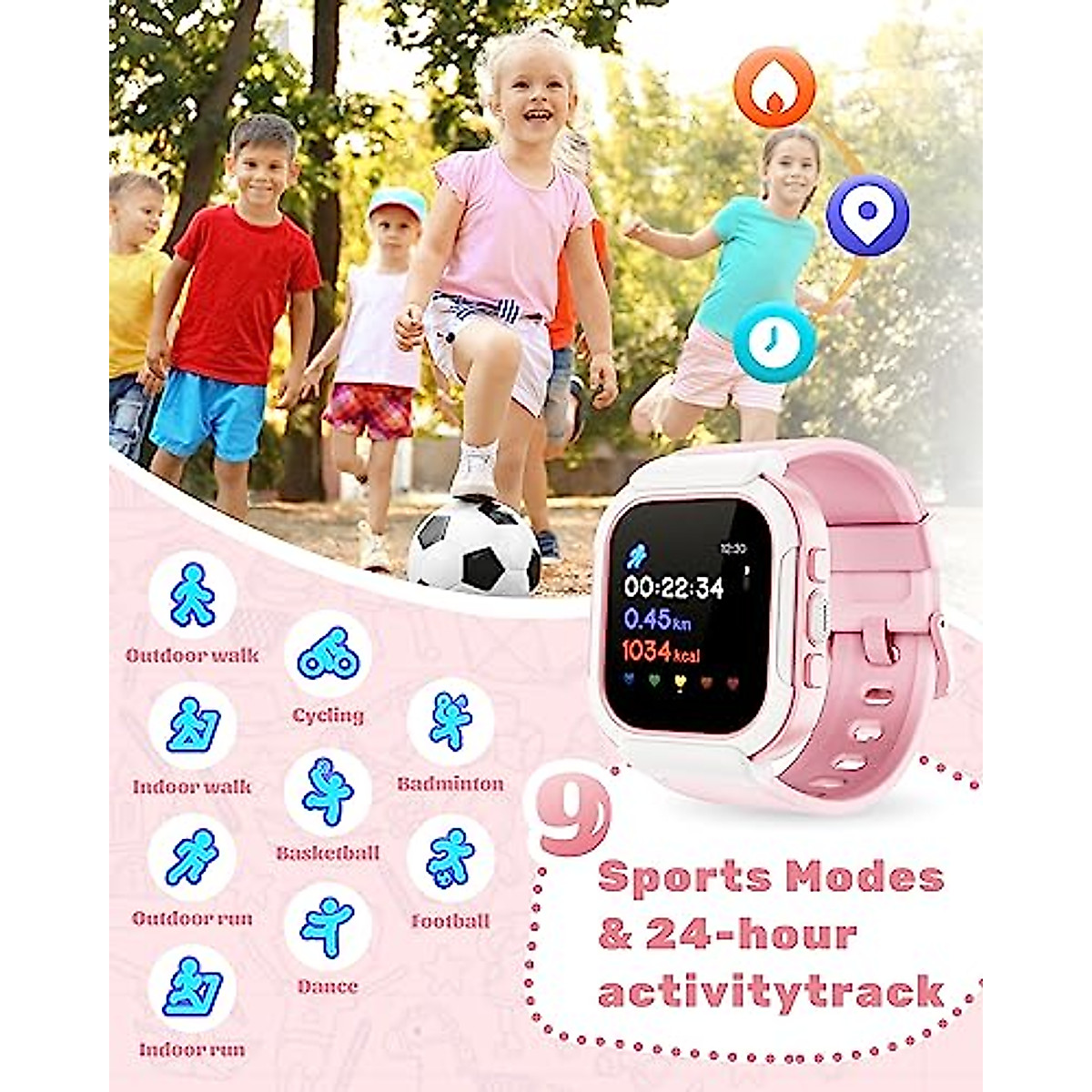 Cloudpoem Smart Watch for Kids Girls Boys, Kids Watch Fitness Tracker Watch with Pedometer Heart Rate Monitor Sleep Tracker Alarm Clocks Puzzle Games Calculator IP68 Waterproof, Kids Gift Pink