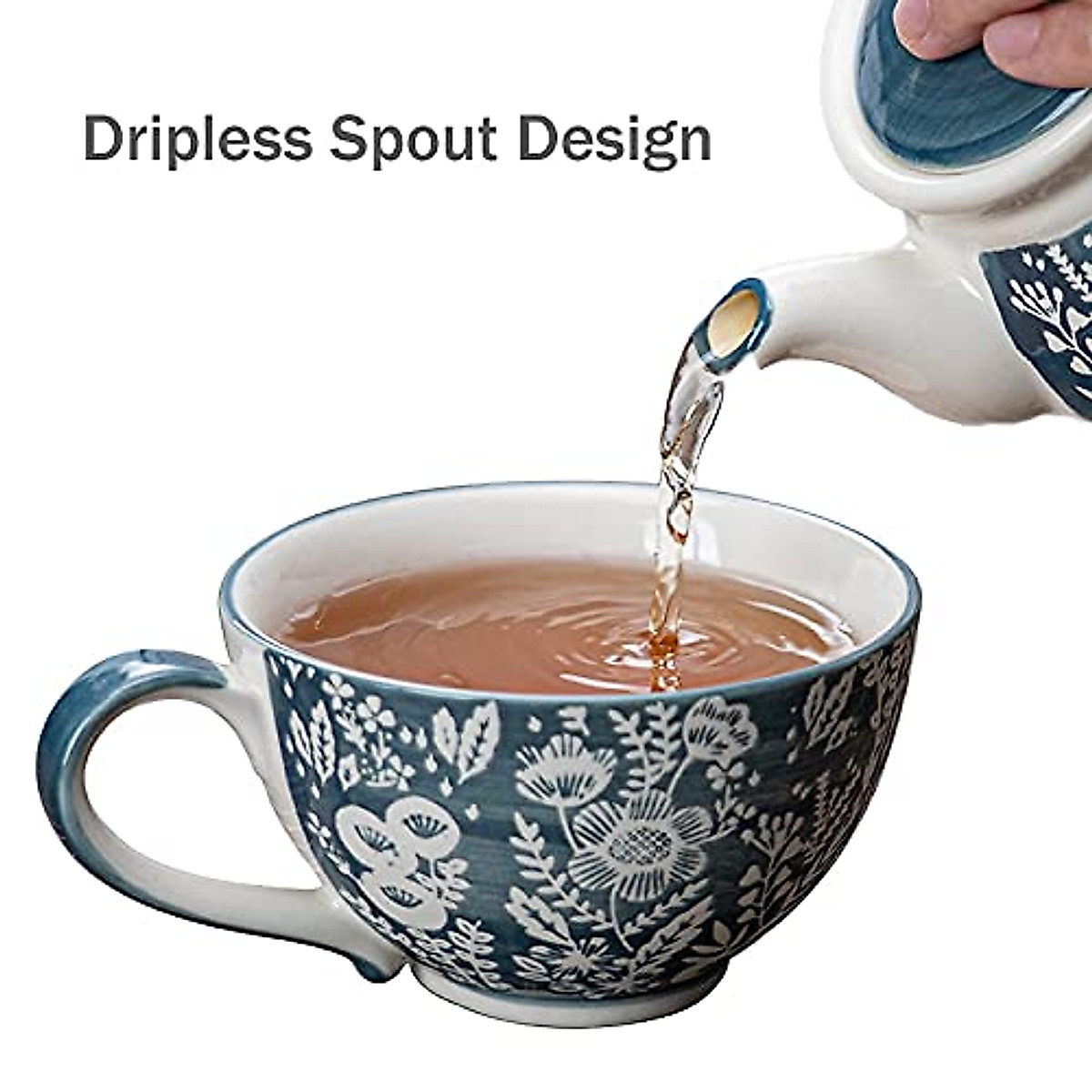 Taimei Teatime Ceramic Tea for One Set, 15 OZ Teapot with Infuser and Cup Set, Grey Teapot Set for one, Loose Leaf Tea Maker Set, Tea Set for Women, Adults Office Home Gift