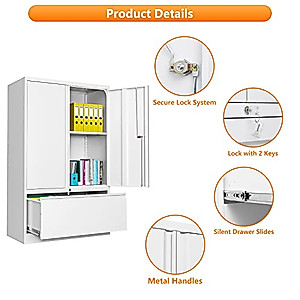 LISSIMO File Cabinets,Filing Cabinet with Lock for Home Office,Lateral File Cabinet with Doors and Drawers for Hanging Files Letter/Legal/A4 Size Files(White)