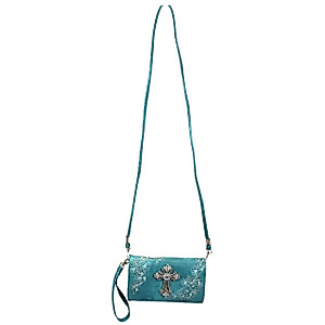 Zzfab Rhinestone Cross Embroidered Floral Western Cross Wallet Turquoise