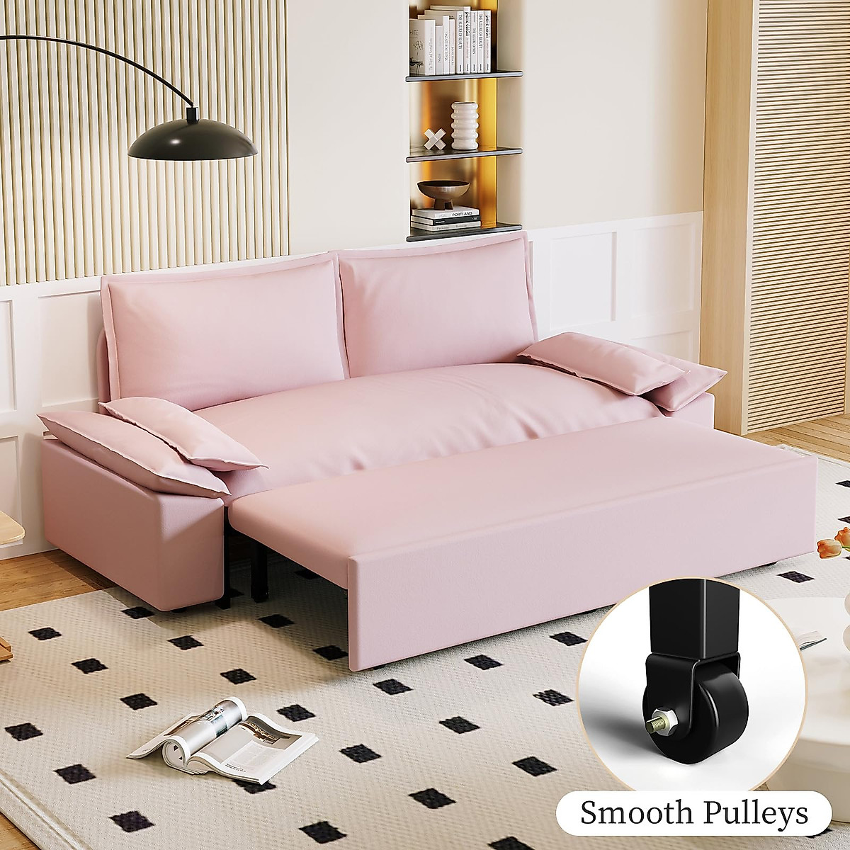 Rovibek 3 in 1 Convertible Sleeper Sofa Bed Queen Size Pull Out Couch Futon Loveseat Velvet Chaise Lounge 2 Seat for Living Room Apartment Small Space, Pink