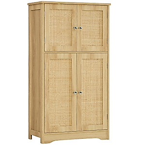 Iwell Storage Cabinet, Rattan Cabinet with 4 Rattan Doors & Adjustable Shelf, Bathroom Floor Cabinet for Living Room, Entryway, Home Office, Natural