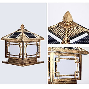 KAIKEA Bronze Square Solar LED Cast Aluminum Lights Outdoor Garden Waterproof Column Post Light Fixture Bright Traditional Classical Acrylic Villa Porch Decor Pillar Lamp（15.7inches）