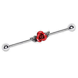 Pierced Owl 14GA 316L Surgical Steel Red Rose with Leaves Industrial Barbell
