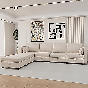 kevinplus 110" Modular Sectional Sofa Couch for Living Room, Modern Contemporary 4-Seat U-Shape Sofa Couch with Storage Seat & Reversible Ottoman for Apartment Office, Linen Fabric, Beige
