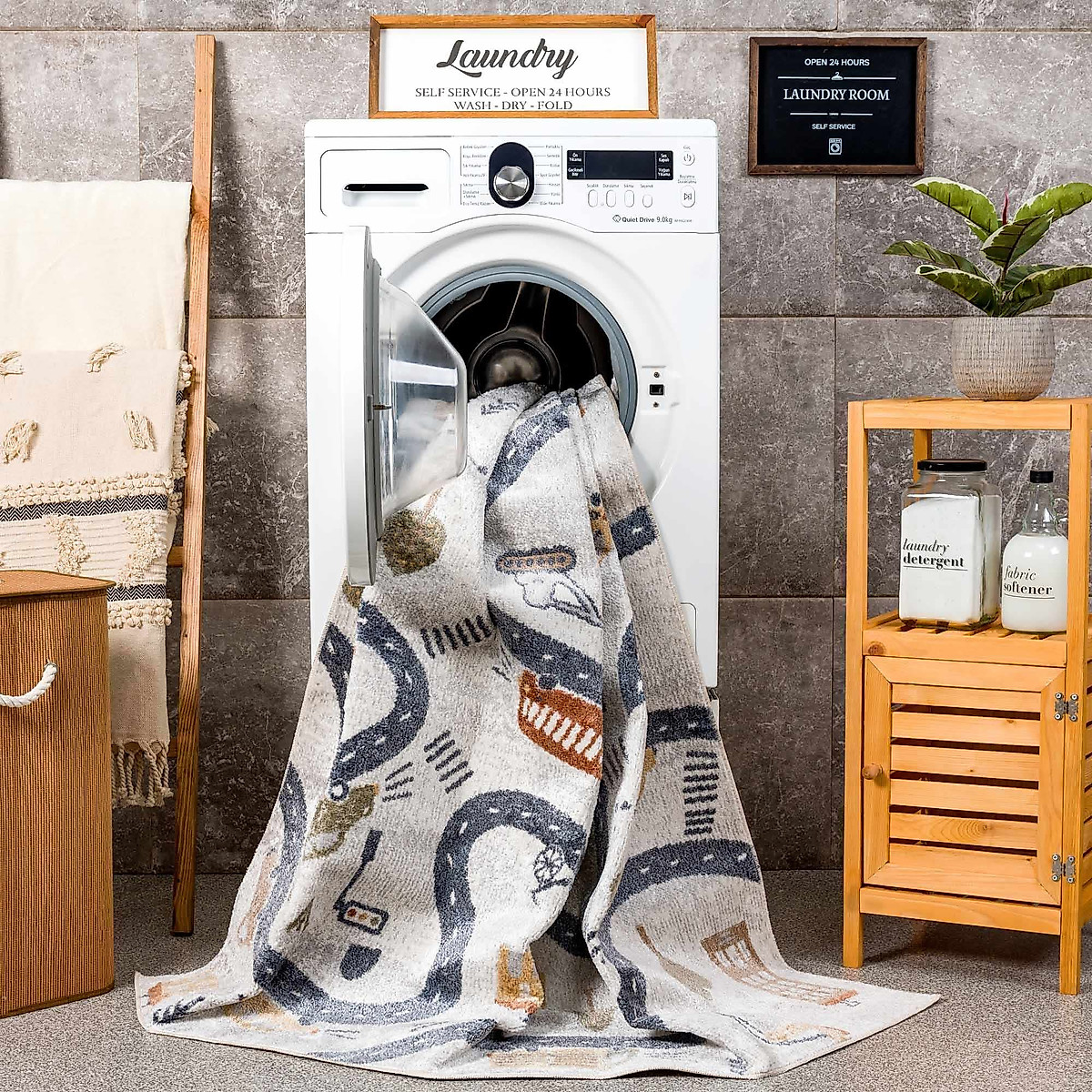 Hauteloom Mave Boys Room, Kids Room, Playroom Machine Washable Area Rug - Road Traffic Car City Carpet - Gray, Cream, Beige, Black - 5'3" x 7'