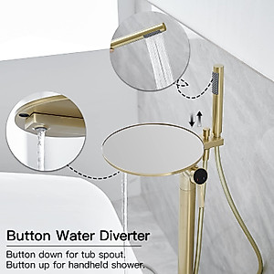 Homevacious Freestanding Bathtub Faucet Brushed Gold Floor Mount Tub Filler Single Handle Brass Bathroom Free Standing Bathtub Faucet with Handheld Shower and Shelf