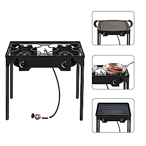 Outvita 2 Burner Propane Gas Stove for Outdoor Cooking, 150,000 BTU Camping Cooker with Removable Legs, Temperature Control Knobs for Backyard Cooking, BBQ, Baking and Frying