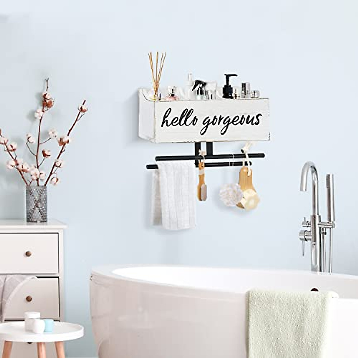 Farmhouse Bathroom Cup Holder,Hair Dryer Holder Wall Mounted, Hair Tools and Styling Organizer with Towel Bar,