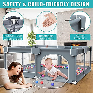 Baby Playpen, 79" x 63" Extra Large Play Yard Playpen for Babies and Toddlers with 50 Ocean Balls, Indoor & Outdoor Safety Baby Activity Center with Breathable Mesh, Anti-Slip Suckers and Zipper Gate