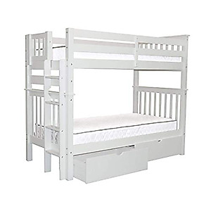 Bedz King Tall Bunk Beds Twin over Twin Mission Style with End Ladder and 2 Under Bed Drawers, White