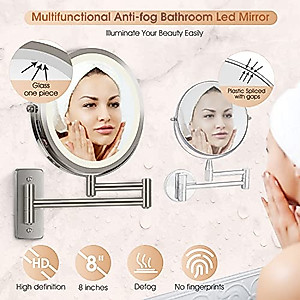 Rechargeable Wall Mounted Lighted Makeup Mirror, 8" Large 1X/10X Magnifying Vanity Mirror with 3 Color Lights, 17 Inch Extendable Bathroom Mirror Nickel, Dimmable 360° Swivel Shaving Light up Mirror